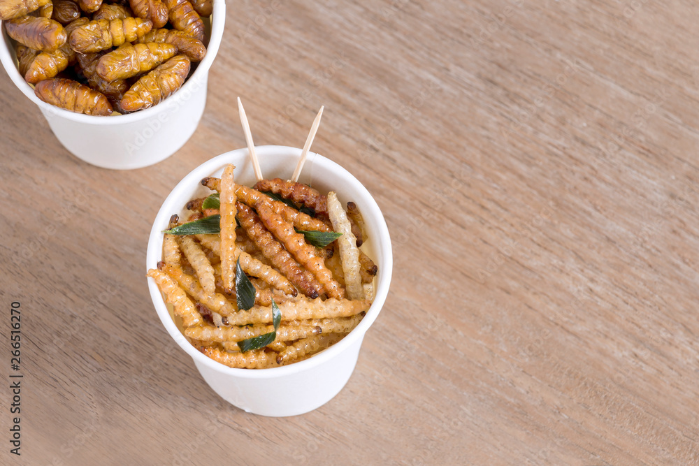 Bamboo Caterpillar and Silkworm Pupae insects for eating as food deep ...