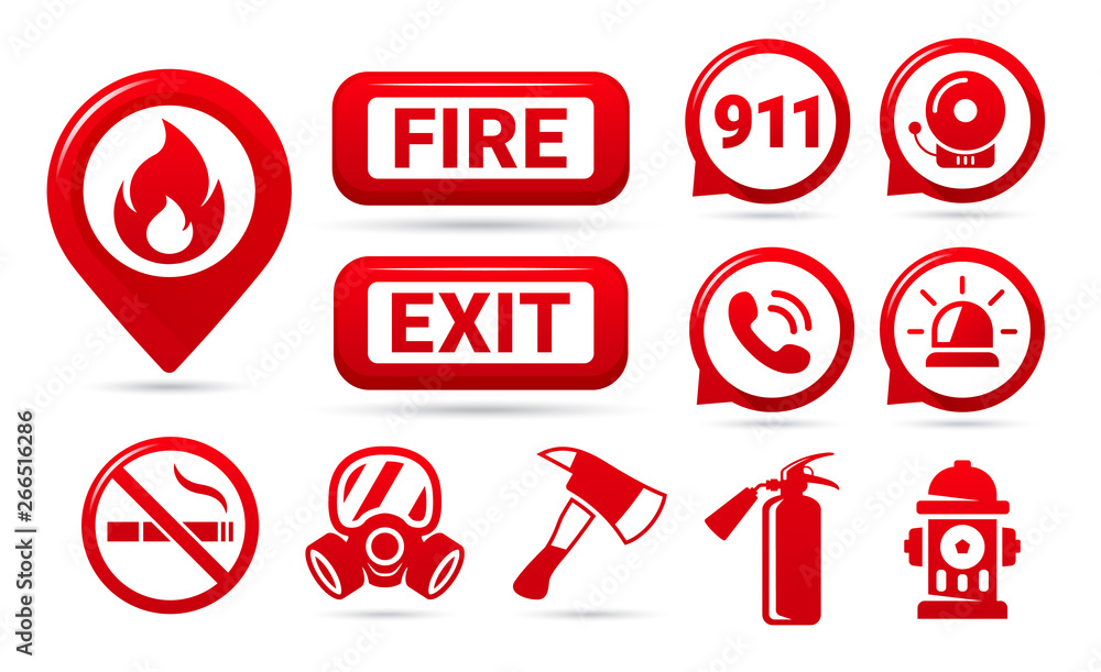 Set of fire safety icons. Fire emergency icons set. Vector symbols ...