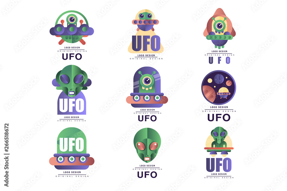 Ufo logo original design set, emblem with alien and saucer vector ...