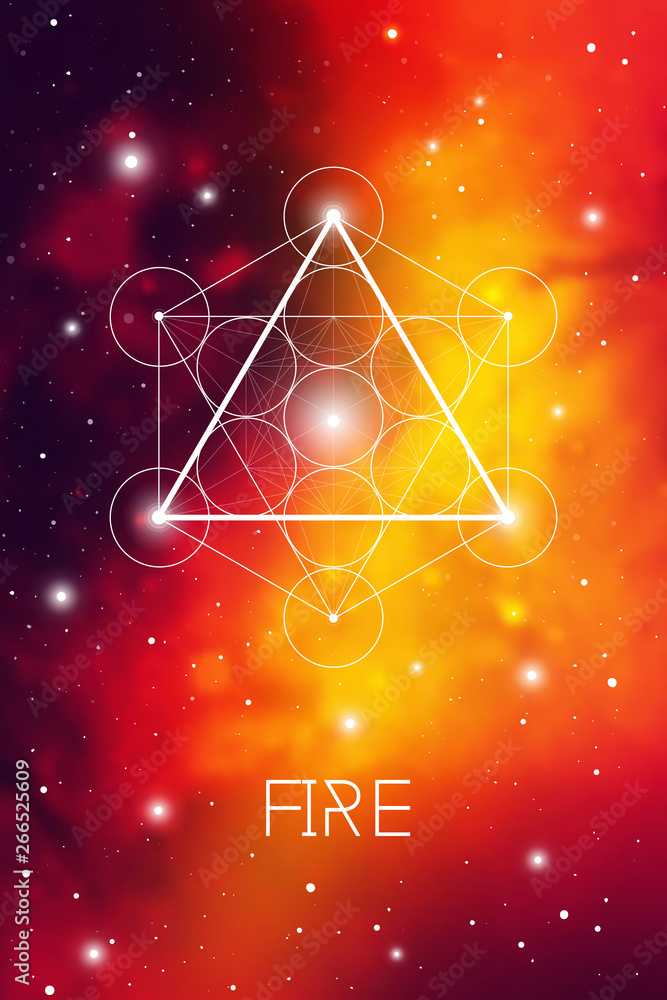 Fire element symbol inside Metatron Cube and Flower of Life in front of ...