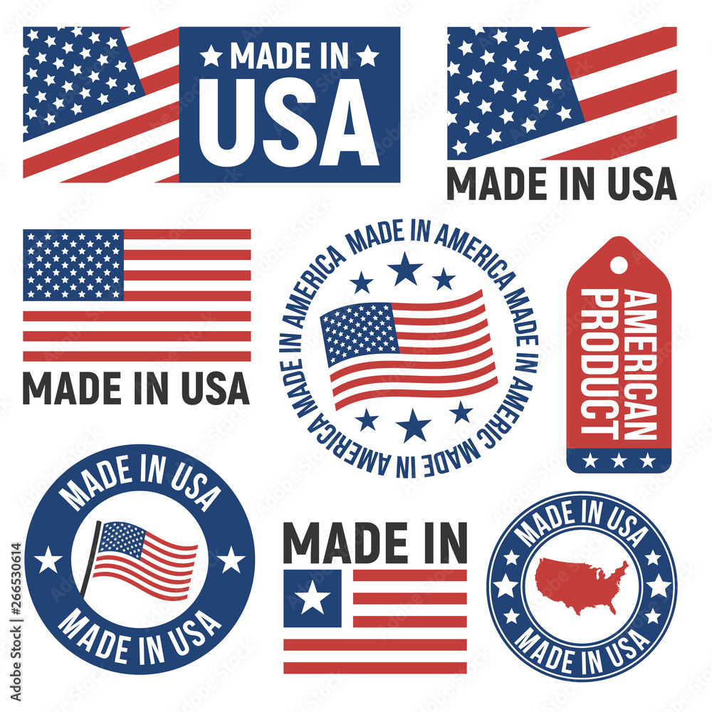 Made in USA labels, badges, signs. USA flag icons. Americans emblems ...