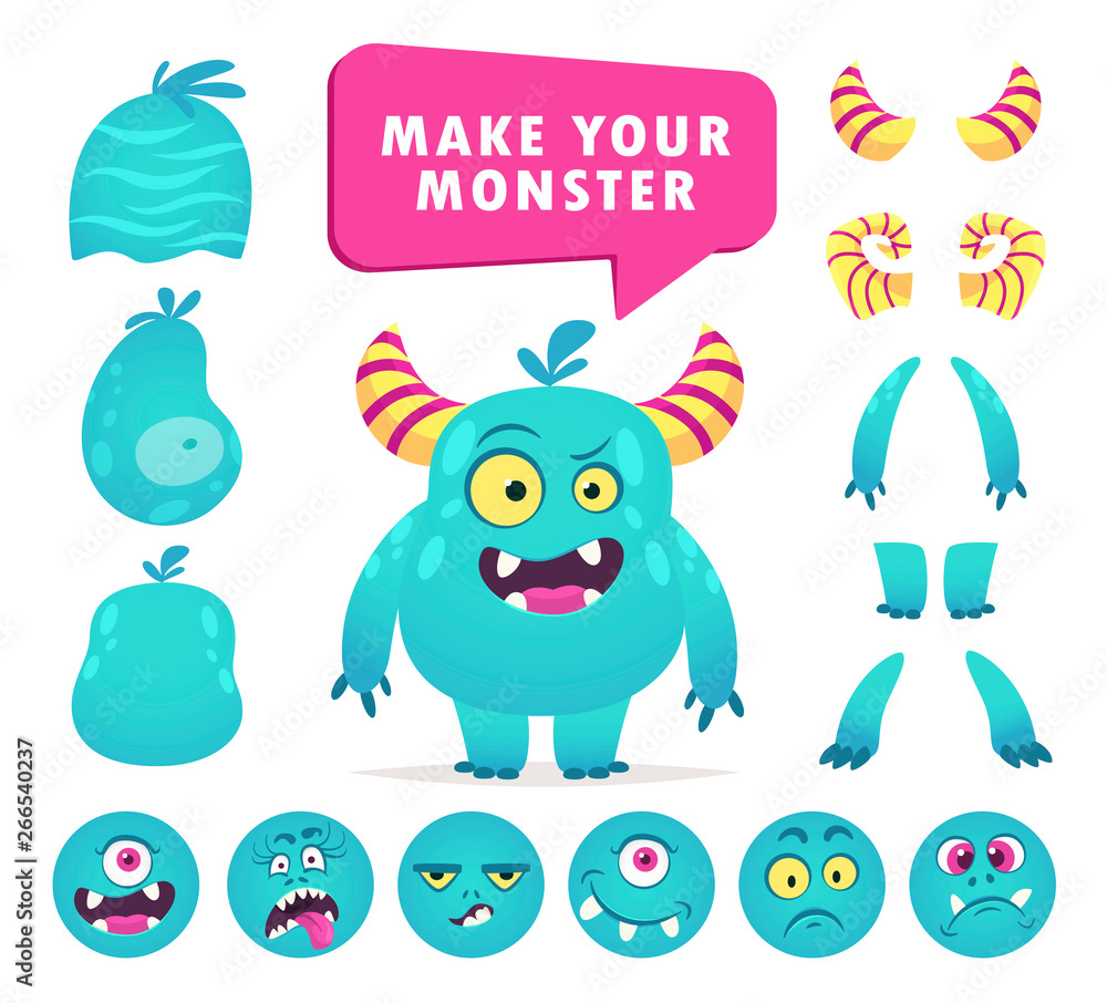 Cartoon monster creation kit, cute face set Stock Vector | Adobe Stock