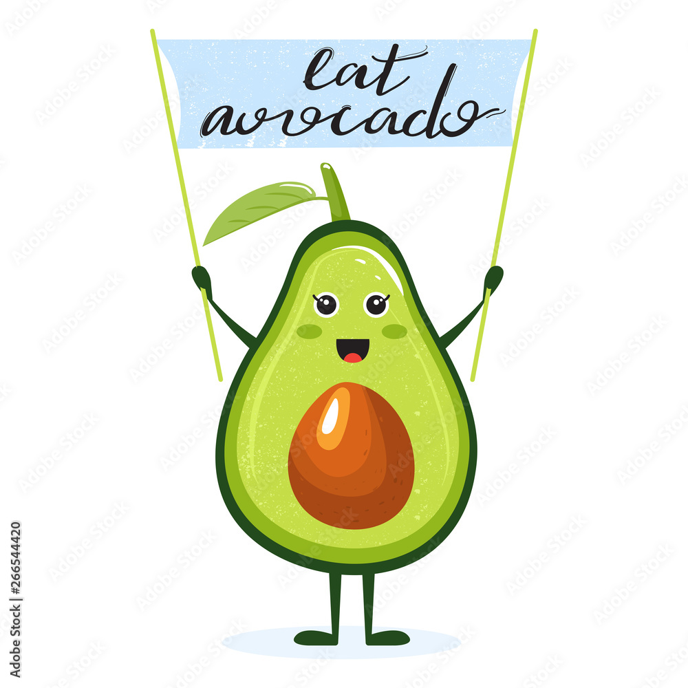 Cartoon cute avocado character with flag and lettering. Stylish ...