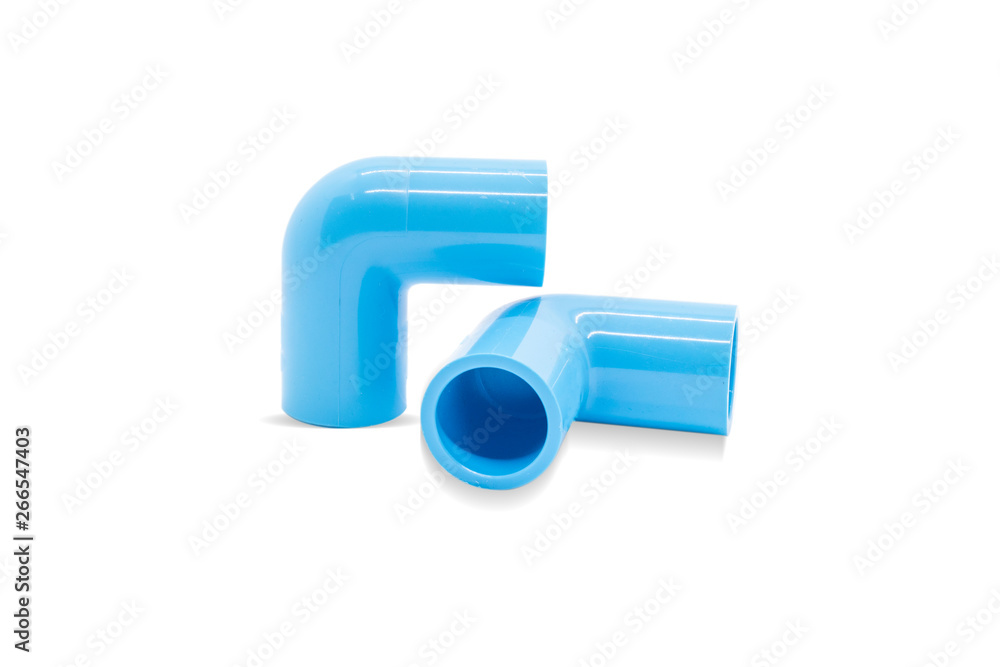 PVC blue pipe elbow 90 degree connect fitting isolated white background ...