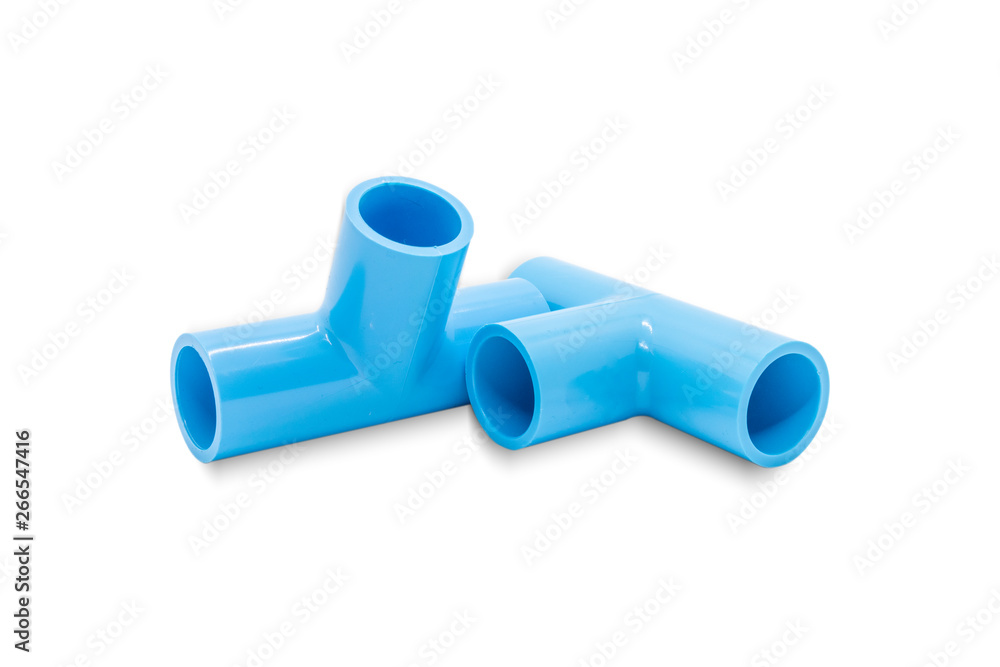 Blue pvc plastic pipe T-joint fitting connect 3 pipe isolated white ...