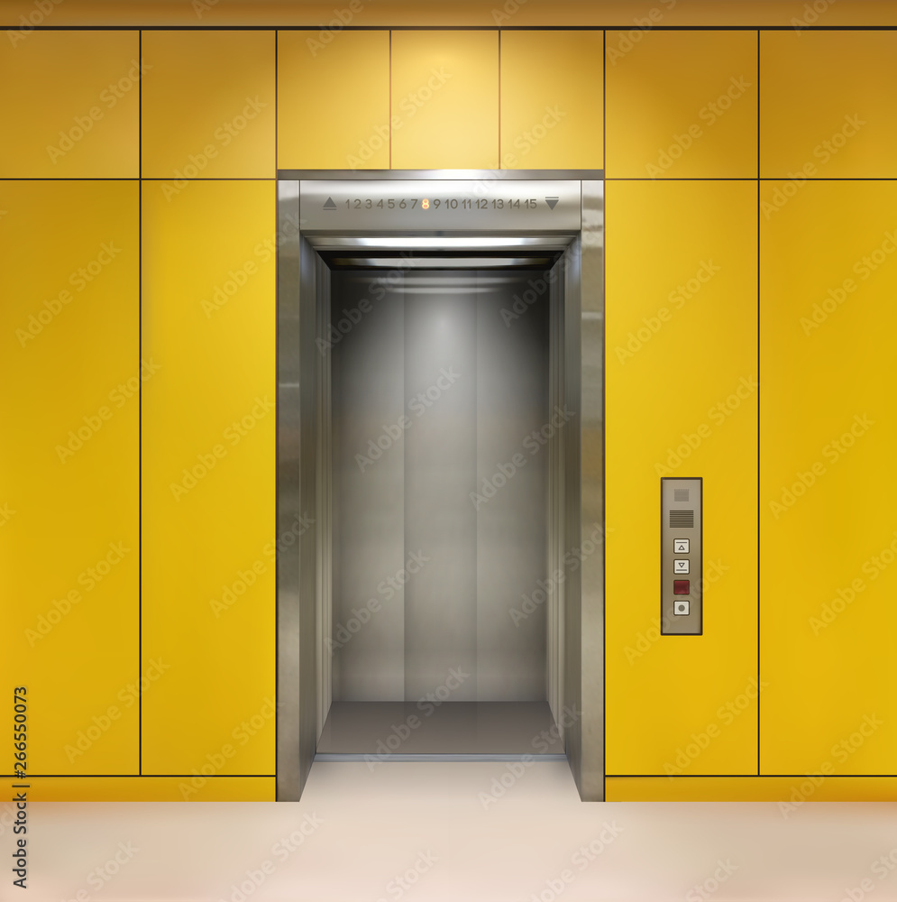 Chrome metal office building elevator doors. Open and closed variant ...