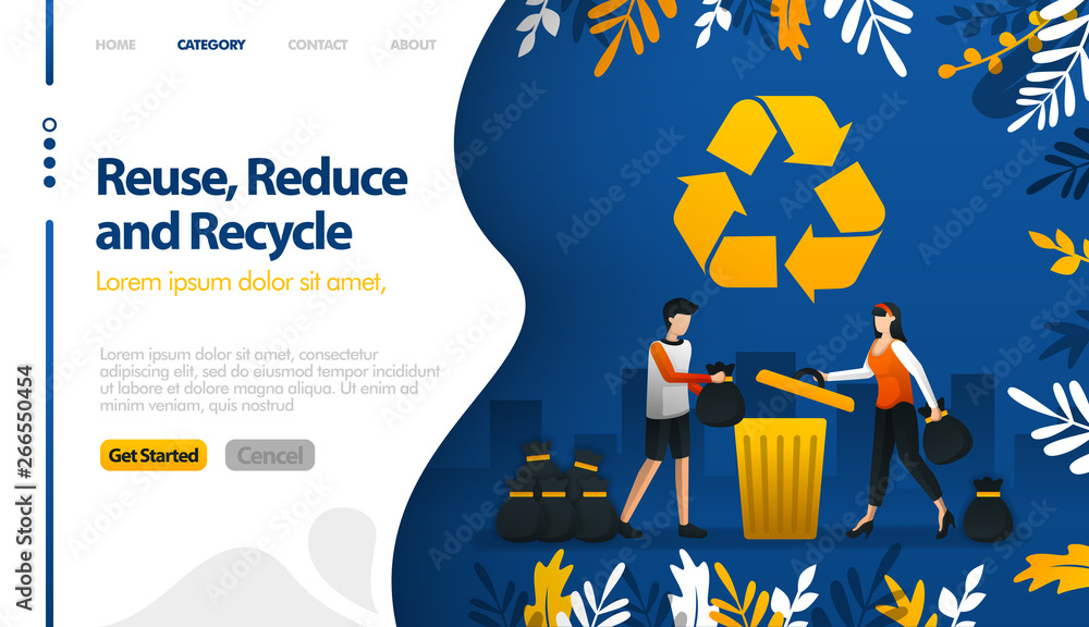 Vetor de Reuse, Reduce and Recycle with illustrations of trash cans and ...