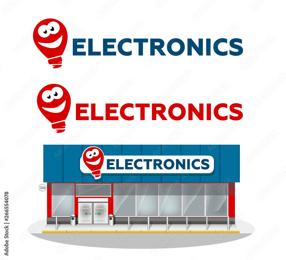 Vector illustration Facade of electronics store building. Flat style ...