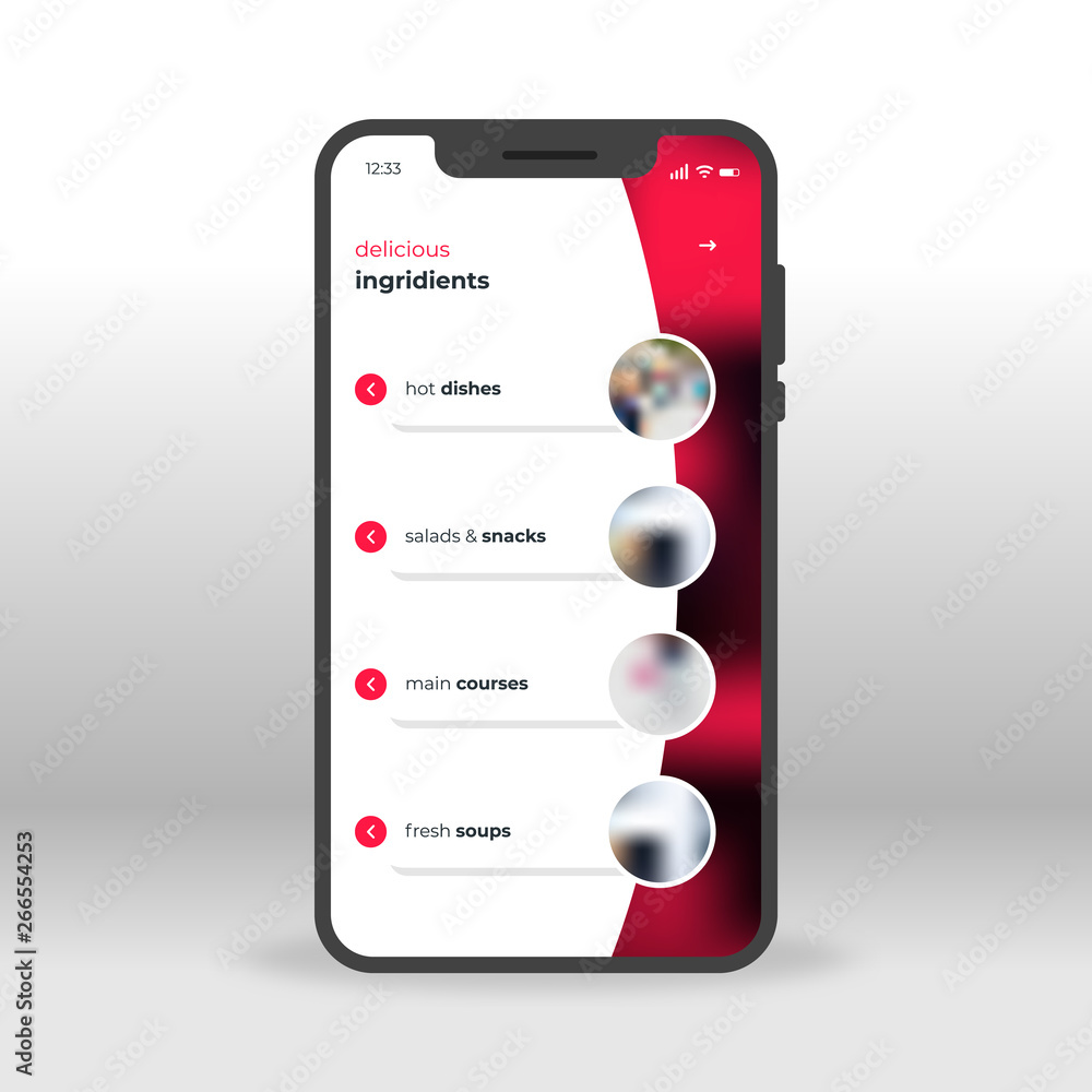 Red restoraunt menu UI, UX, GUI screen for mobile apps design. Modern responsive user interface ...