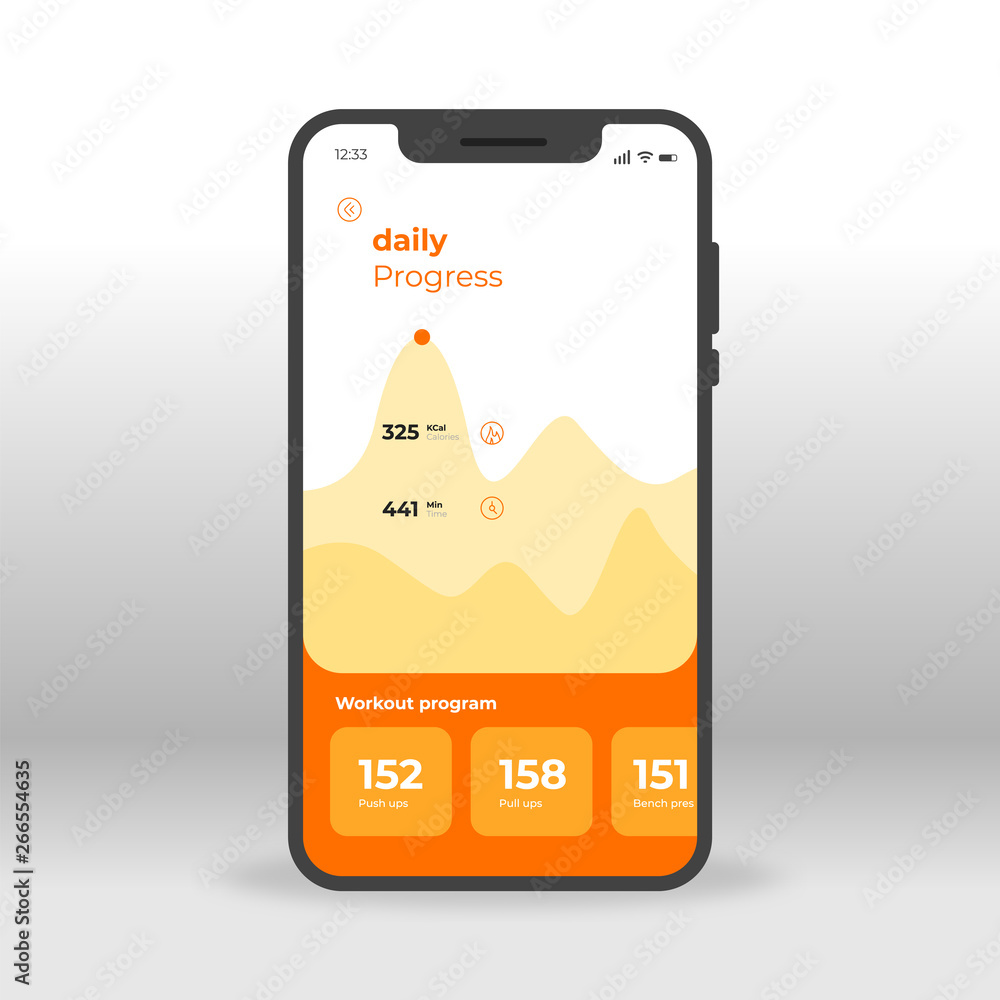 Orange daily fitness gym progress UI, UX, GUI screen for mobile apps ...