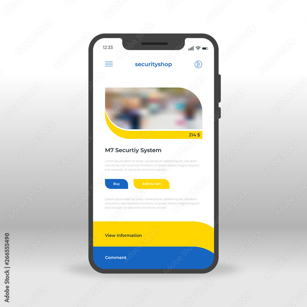 Blue and yellow security shop UI, UX, GUI screen for mobile apps design ...