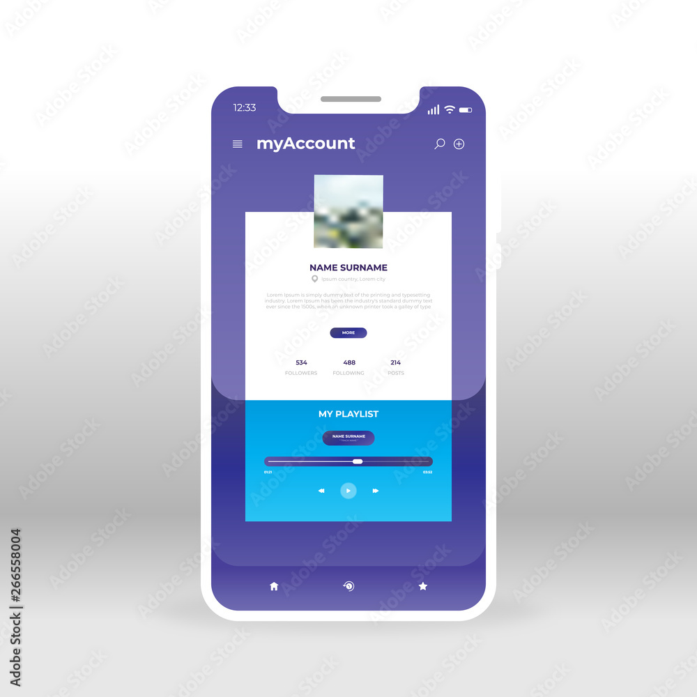 Purple and Blue User Account Profile UI, UX, GUI screen for mobile apps ...