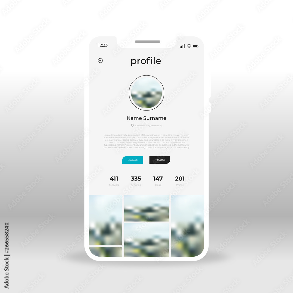 Gray social network profile UI, UX, GUI screen for mobile apps design ...