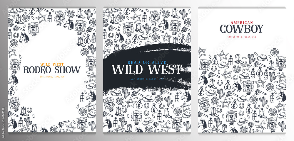 Set of Wild West and Cowboy banners. Rodeo Show. Hand draw doodle ...