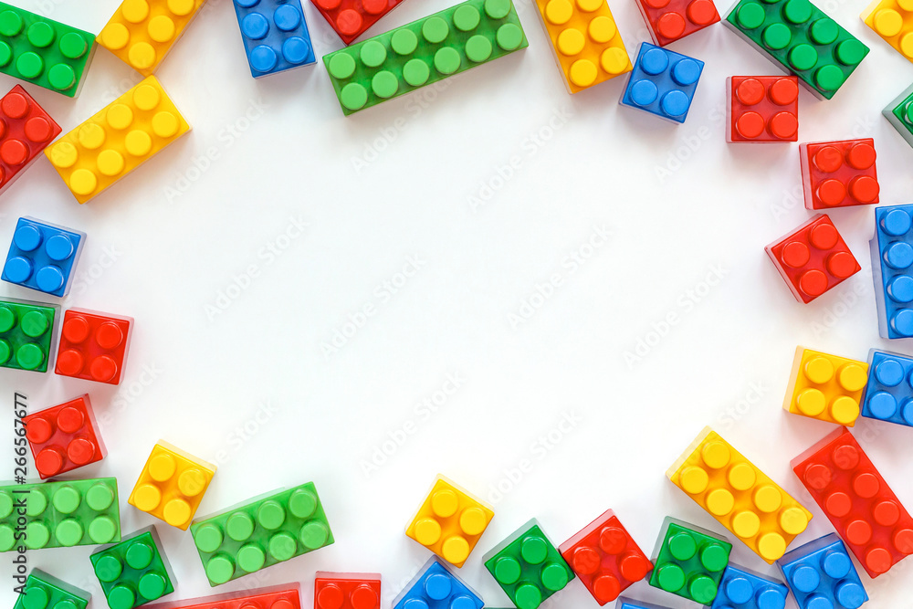 Educational toys for kids mockup, top view. Colorful plastic Bricks on ...