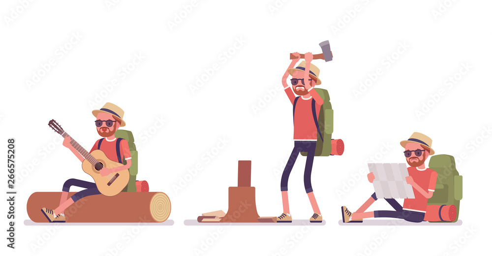 Hiking man in a camp with guitar. Male tourist with backpacking gear ...