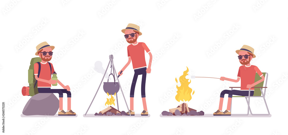 Hiking man resting near campfire. Male tourist with backpacking gear ...