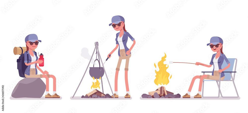 Hiking woman resting at campfire. Female tourist with backpacking gear ...