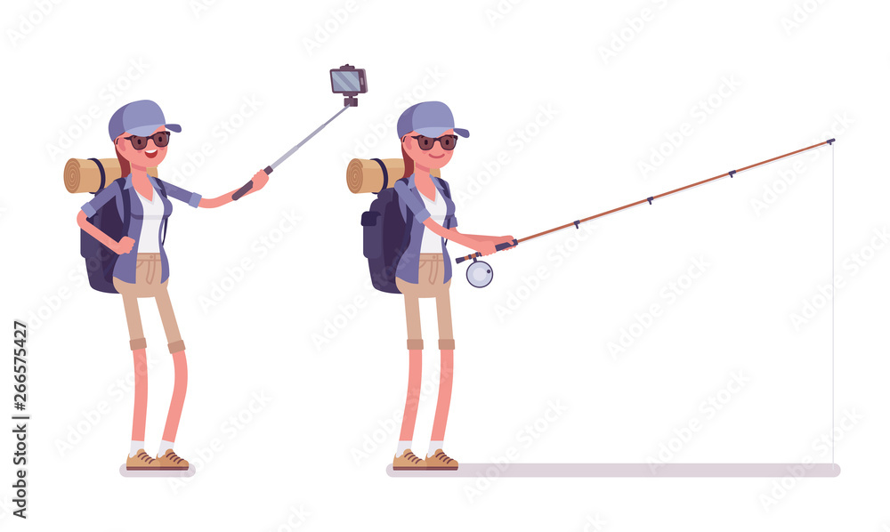 Hiking woman selfie, fishing. Female tourist with backpacking gear ...