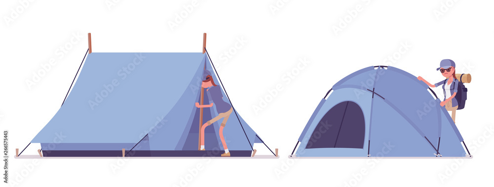 Hiking woman setting up a tent. Female tourist with backpacking gear ...