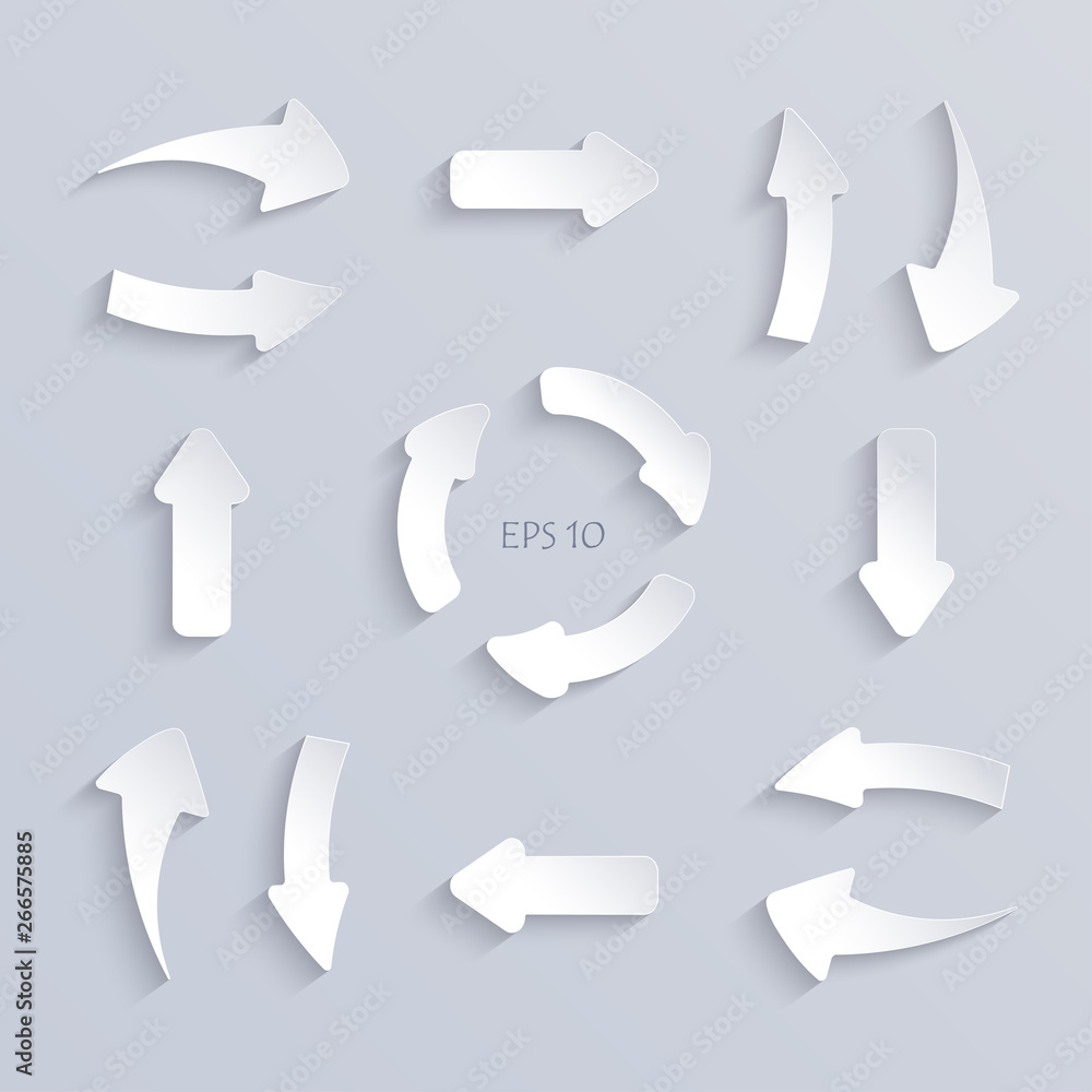 White paper cut arrows set. 3D arrows with shadows for any design ...