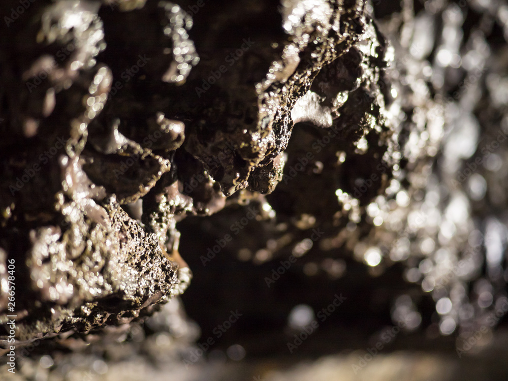 Stalagmites in the cave wall And the moisture builds into water Stock ...