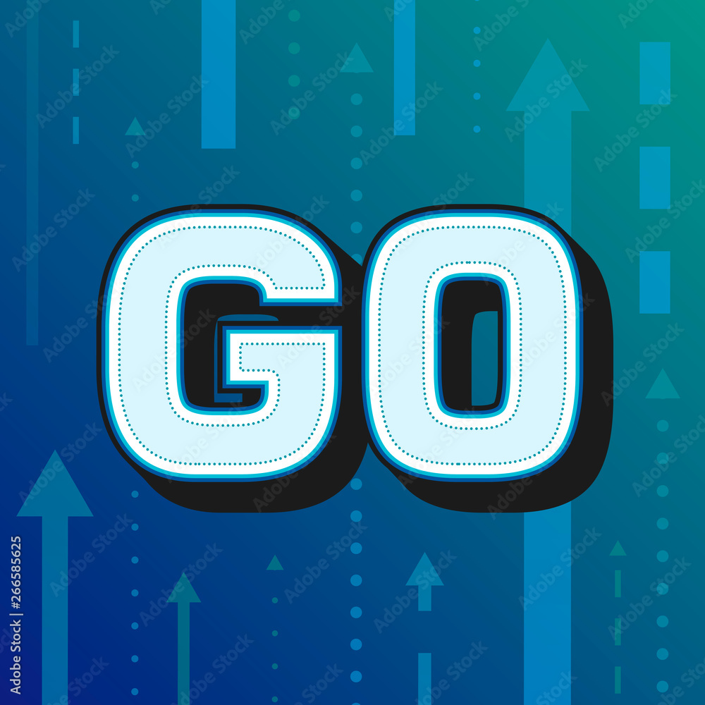 GO white word text and arrows pointing right ahead on blue background ...