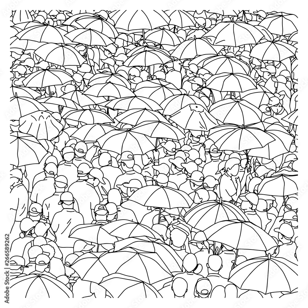 crowd people on street with umbrella vector illustration sketch doodle ...