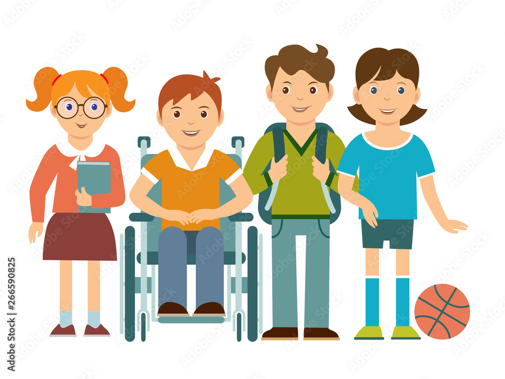 Happy group of kids with a boy in a wheelchair. Cartoon characters ...