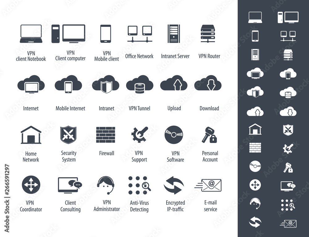 Virtual Private Network vector icons set. 24 VPN editable vector icons ...