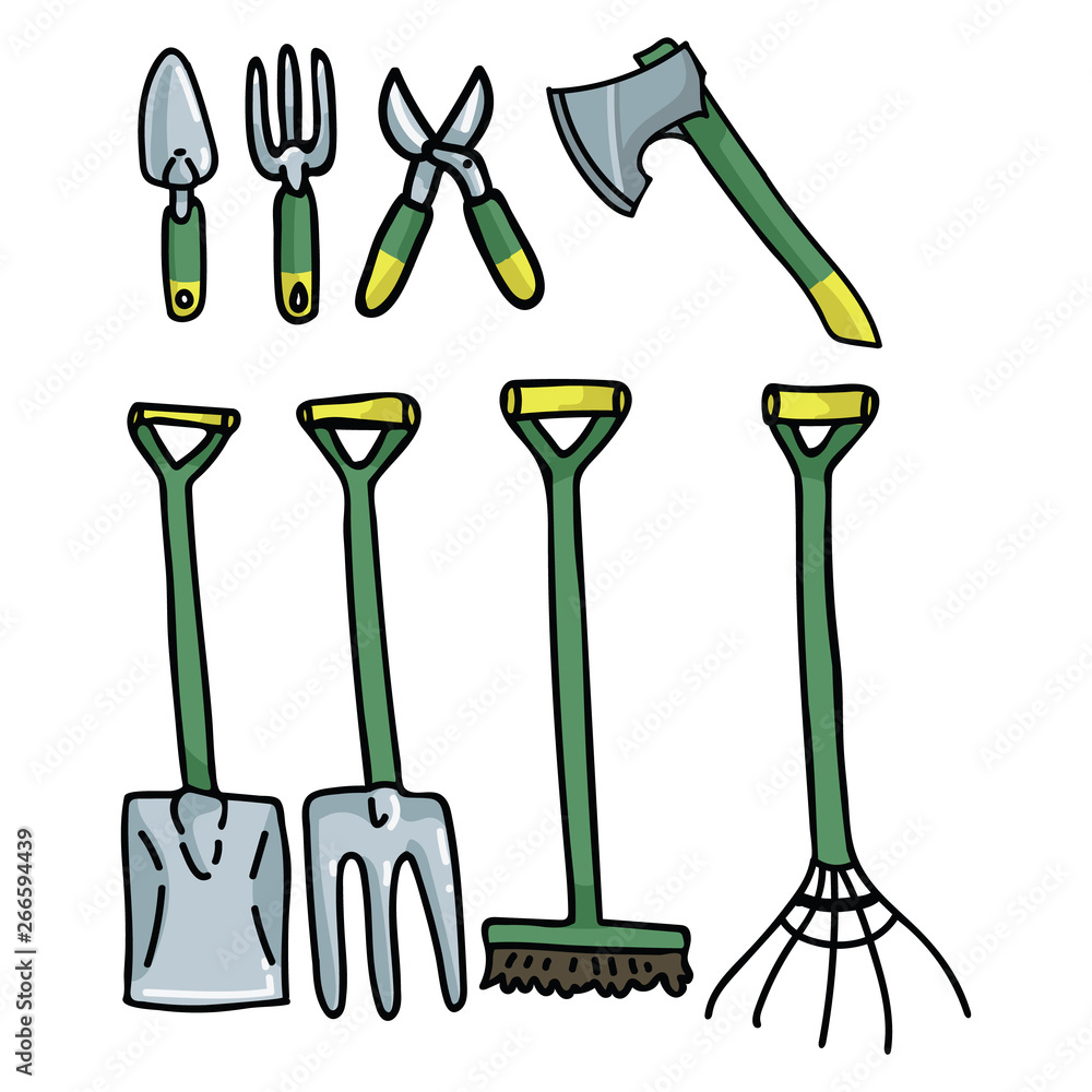 Cute gardening tools cartoon vector illustration motif set. Hand drawn ...