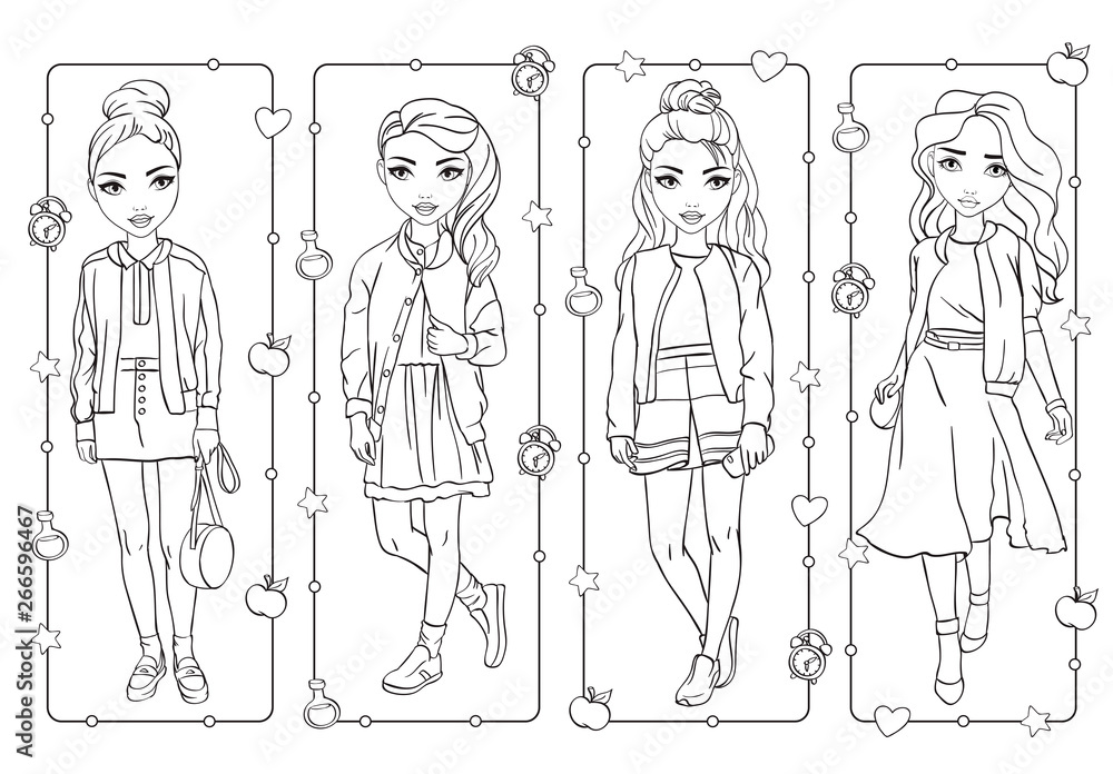 Coloring Book Of Students Girls In School Uniform Stock Vector | Adobe ...