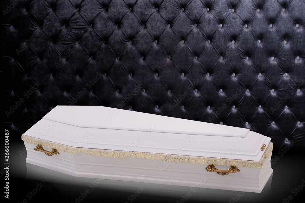 closed wooden white coffin isolated on gray luxury background. casket ...