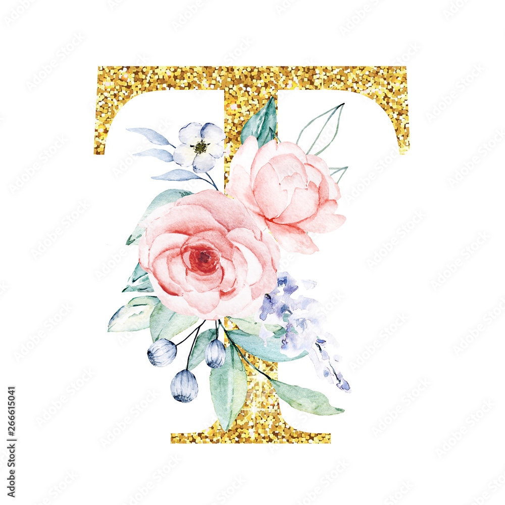 Floral alphabet, letter T with watercolor flowers and leaf. Gold ...