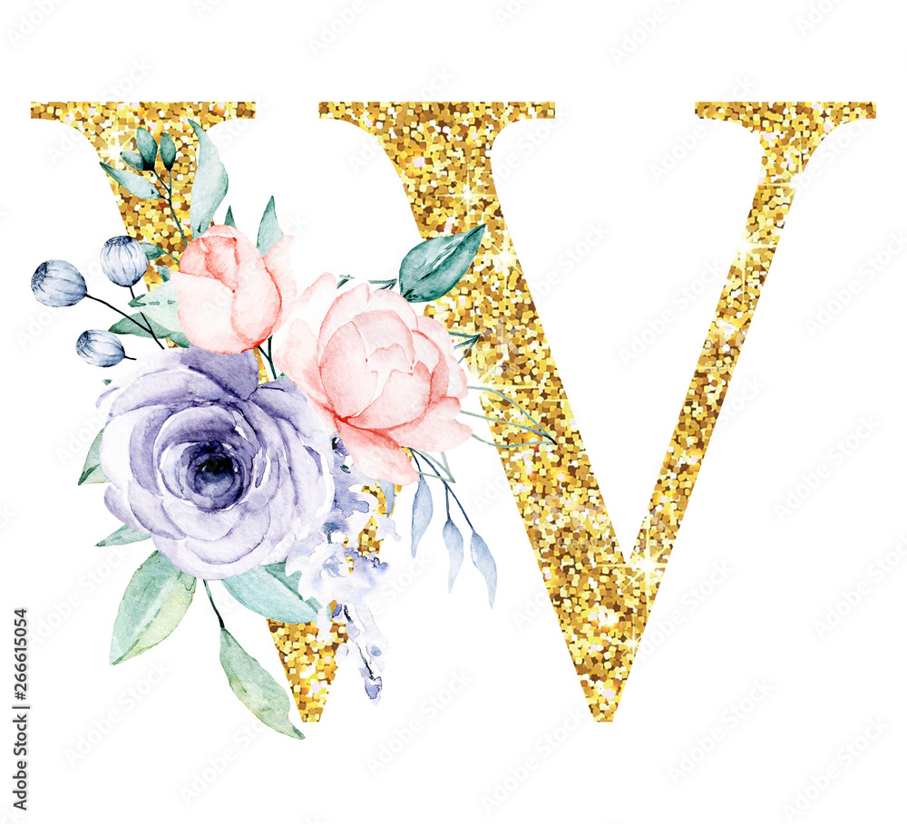 Floral alphabet, letter W with watercolor flowers and leaf. Gold ...