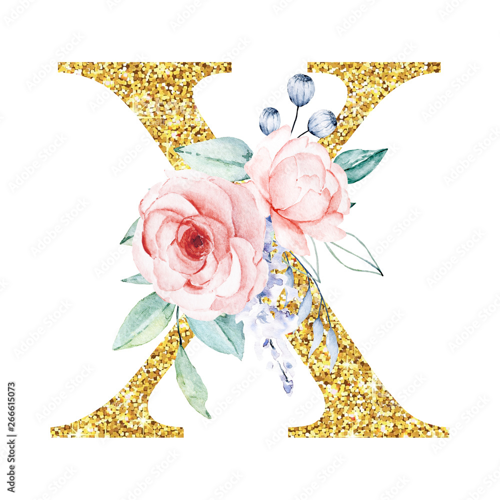 Floral alphabet, letter X with watercolor flowers and leaf. Gold ...