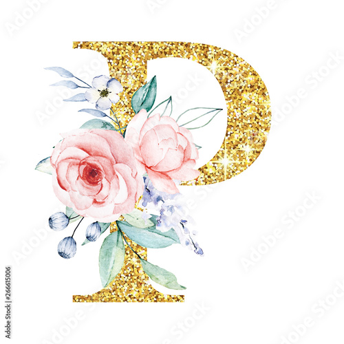 Floral alphabet, letter P with watercolor flowers and leaf. Gold ...