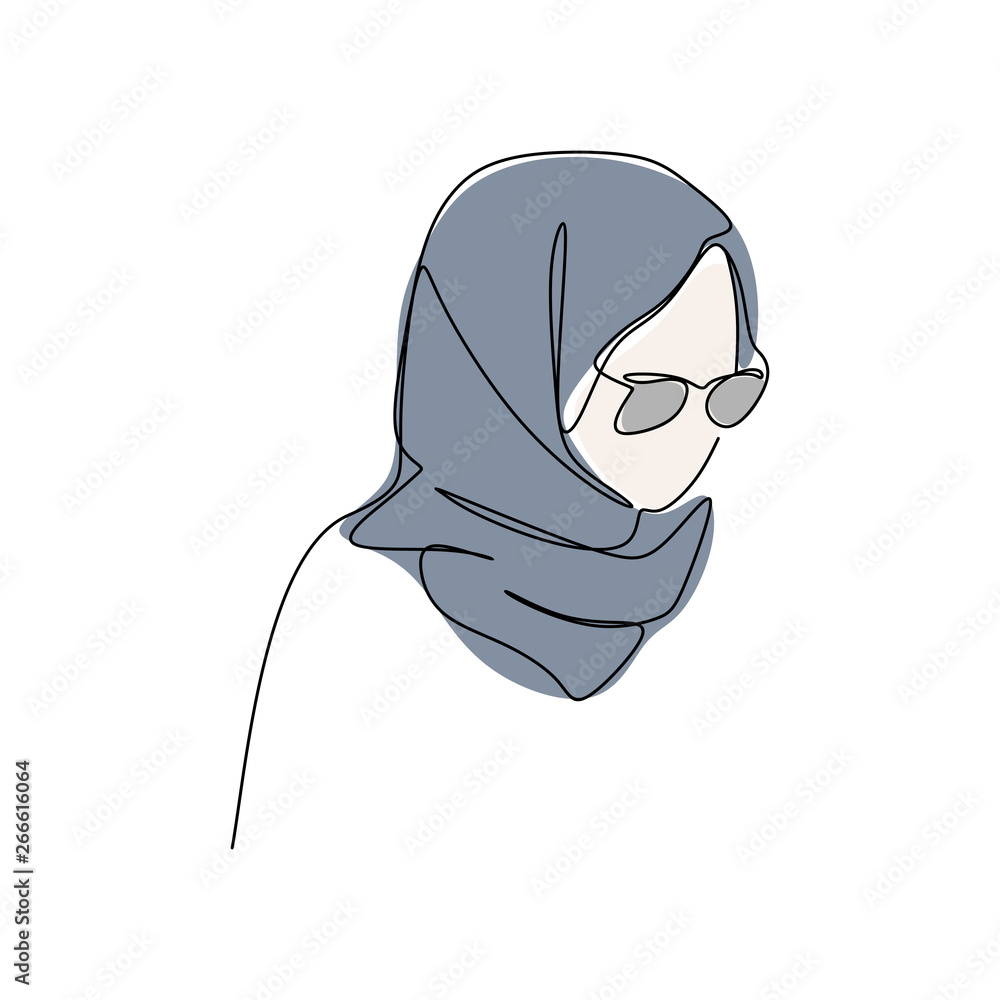 Modern girl wearing hijab fashion one continuous line drawing ...