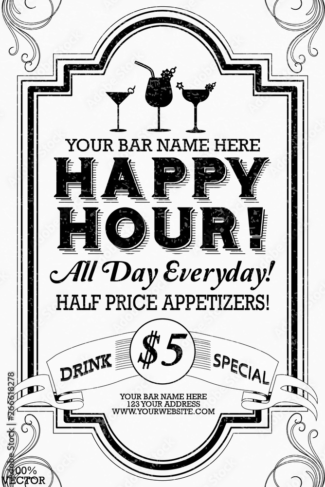 Happy hour flyer design on chalkboard. Beautiful greeting card poster ...