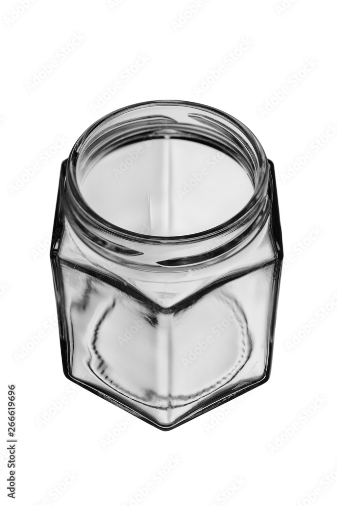 Open, empty, glass jar of a hexagonal form. The top view, isolated on a ...