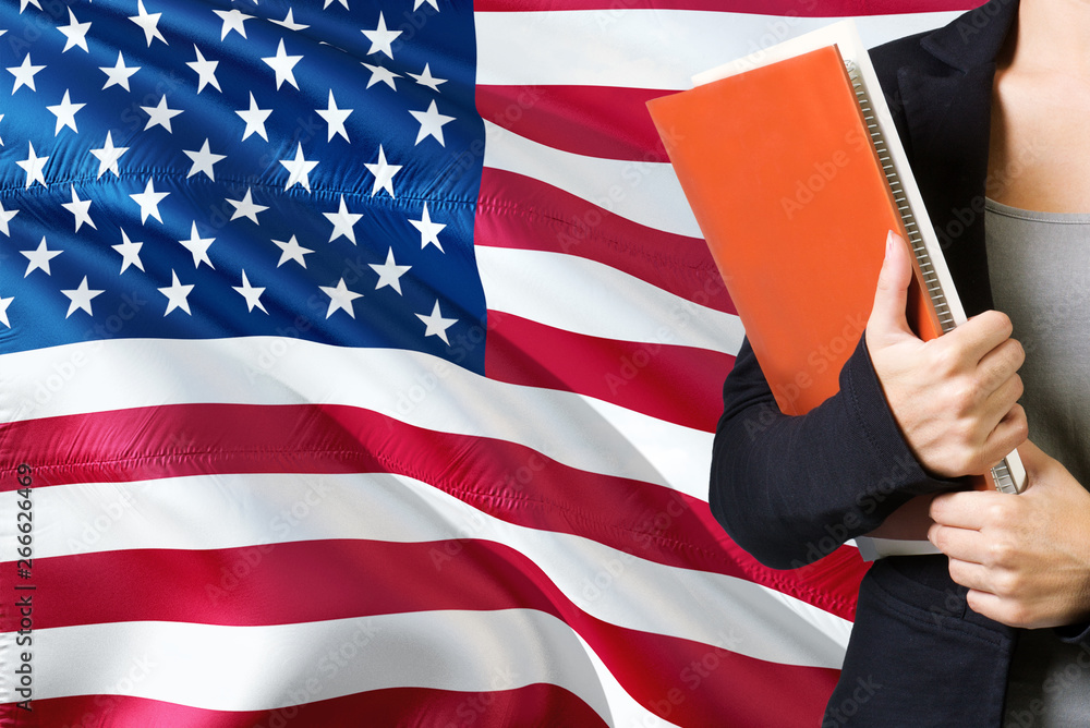 Learning American language concept. Young woman standing with the ...