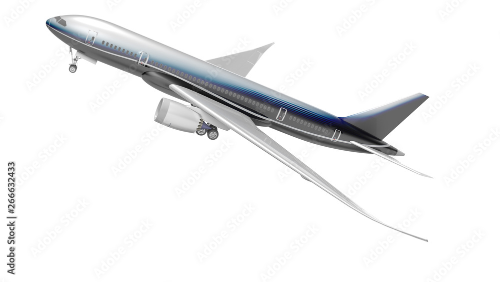 Passenger plane takes off side view 3d render on white background no ...