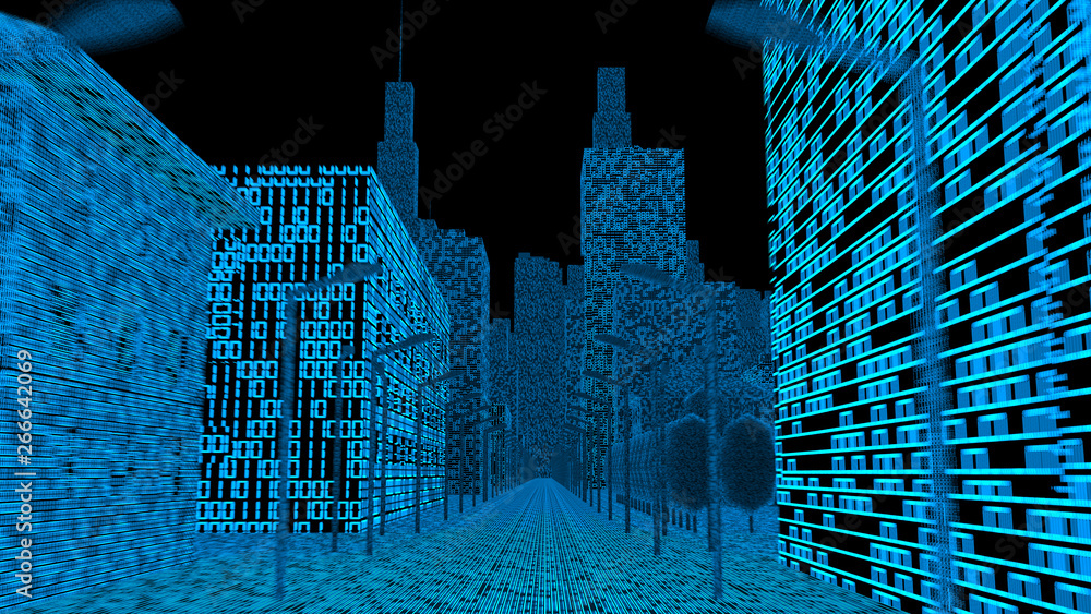 Conceptual digital city futuristic building matrix binary code network ...