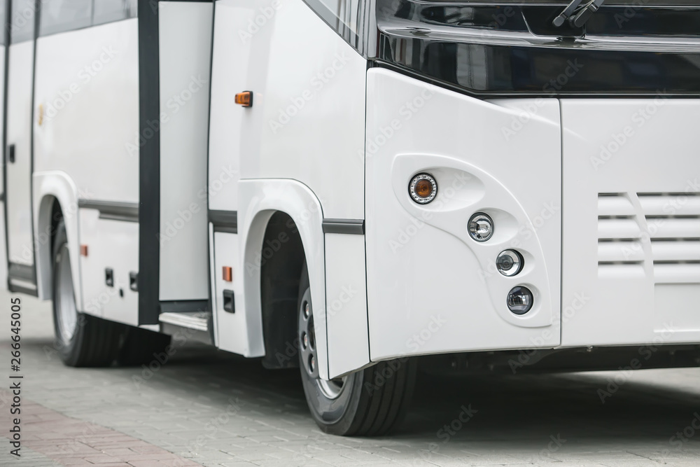 white shuttle bus with an open door Stock Photo | Adobe Stock