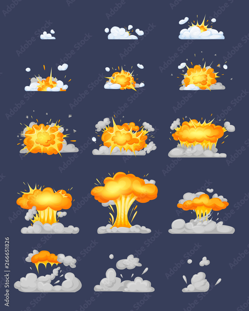 Frame animation with effect of burning, explosion, divided into frames ...