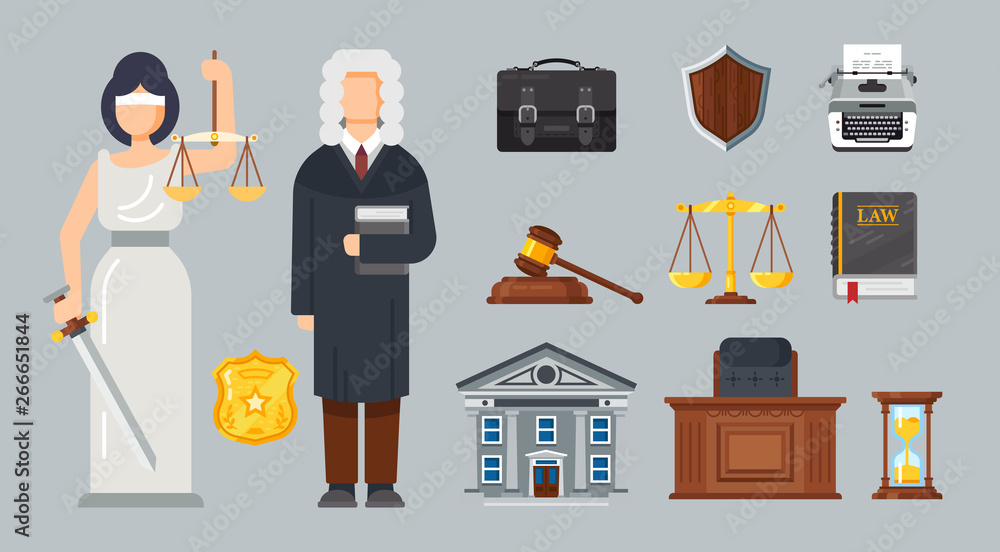 Judicial system. Symbols justice, balance, courthouse, judge, statue of ...