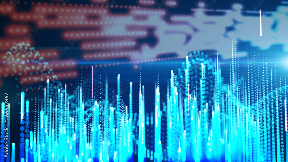 3D illustration rendering, glowing digital sound waves of blue shining ...