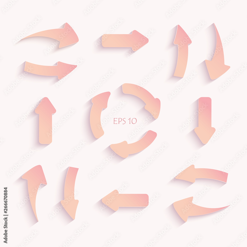 Set of paper cut pink arrows in different shapes. 3D arrows with ...