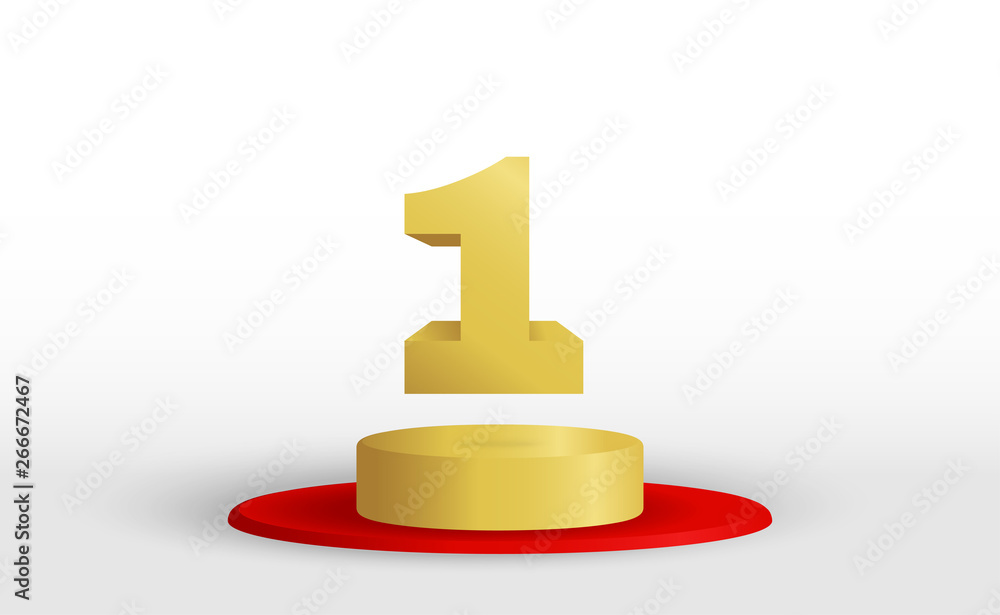 Winner stage golden podium with gold first number and Red carpet on ...