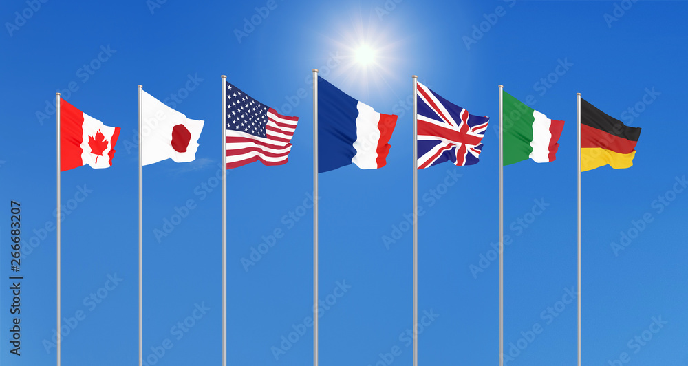Silk waving G7 flags of countries of Group of Seven Canada, Germany ...